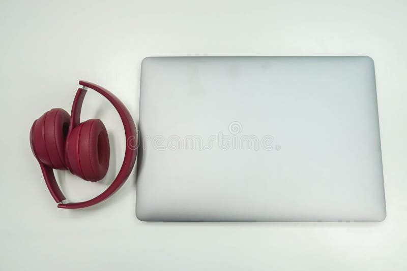 Isolated Foldable Cute Pink Headphone with Laptop Computer for Work in ...