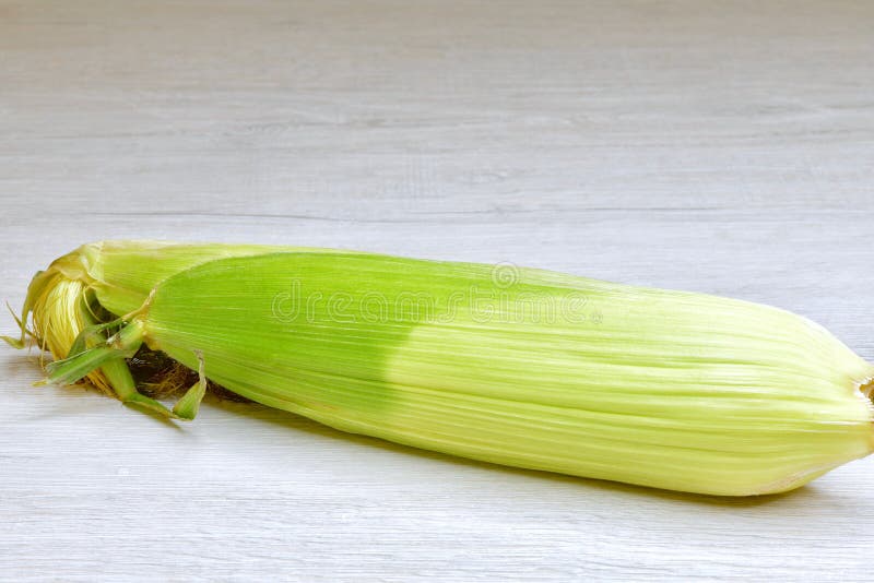 Isolated Fresh Cob of Corn in the Skin on a Light Wooden Surface Stock ...