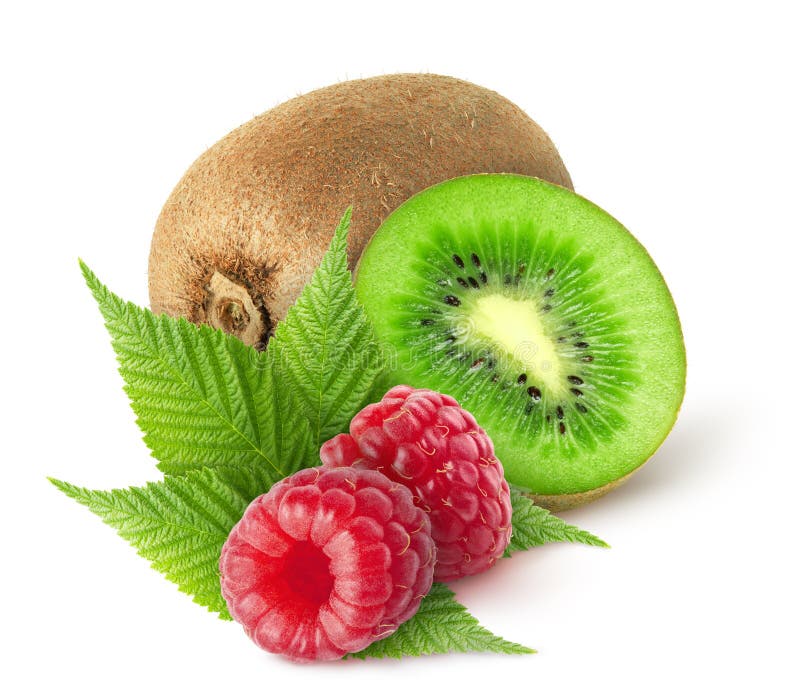 Isolated Fruits. Two Raspberry and Whole Kiwi and Half Isolated on ...