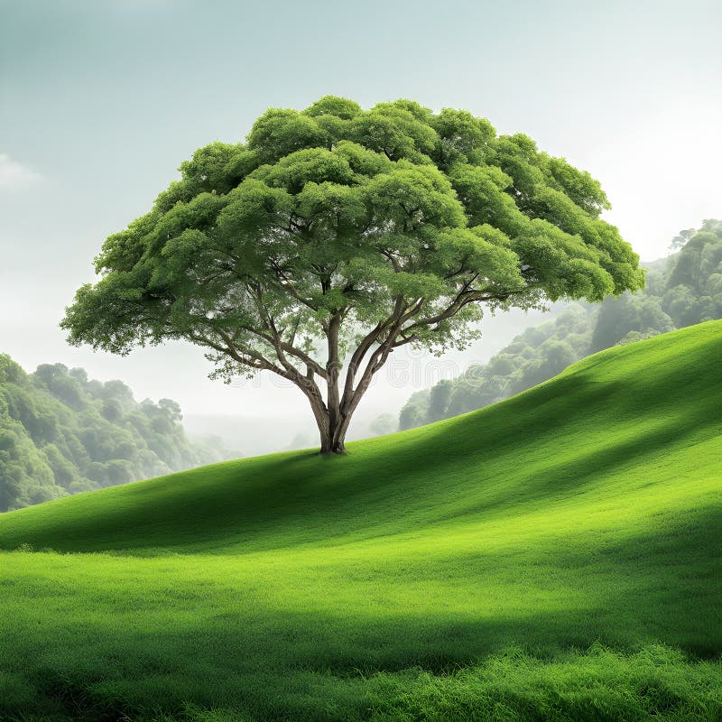 Isolated Green Oak Tree with Grass and Trees in the Background Stock Illustration - Illustration ...
