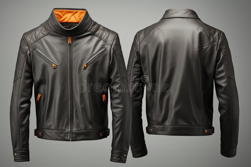 Isolated on Grey, Front and Back View of Blank Leather Jacket Stock ...