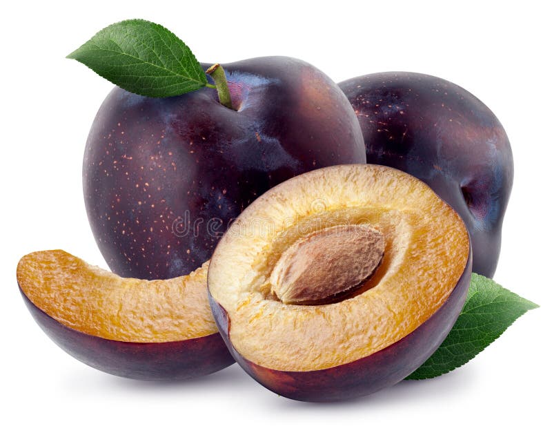 Isolated Group of Plums. Two Whole, Piece and Half of Plum with Leaves ...