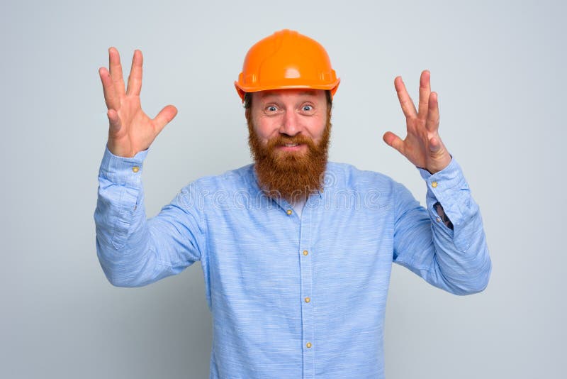 Isolated Happy Architect with Beard and Orange Helmet Stock Image ...