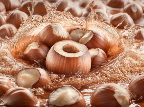 Isolated Hazelnuts and Melted Dark Chocolate or Chocolate Syrup Create ...