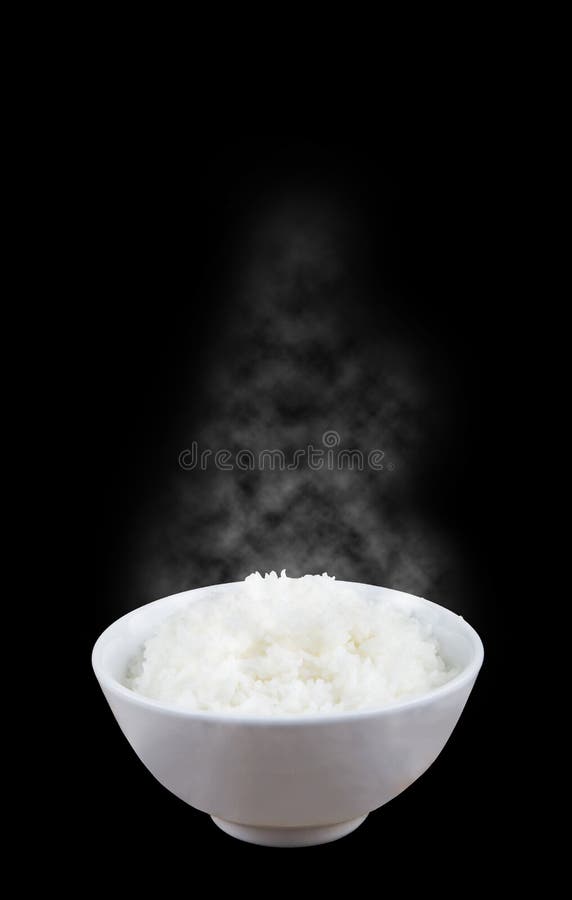Isolated of Hot Steamed Rice in a White Bowl with White Vapor on Dark ...