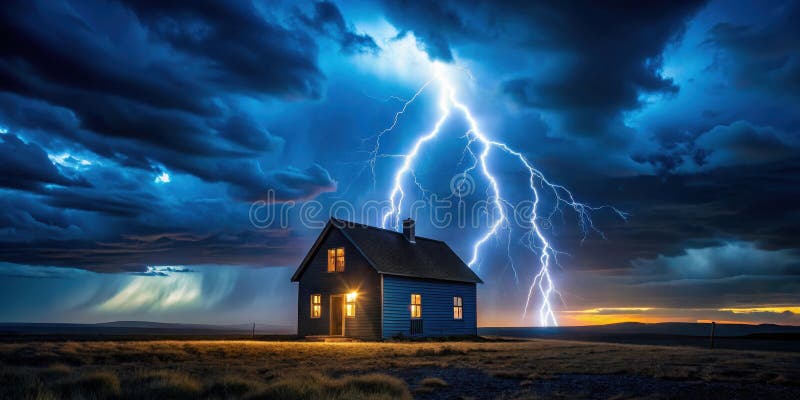 Isolated House Illuminated at Night during a Powerful Electrical Storm ...