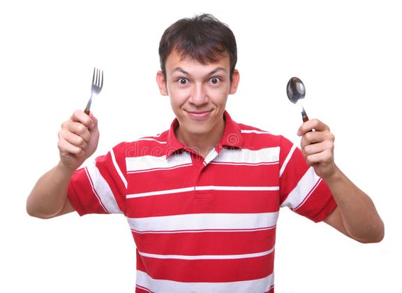 Isolated Hungry Young Man Student Fork Spoon Stock Image - Image of ...