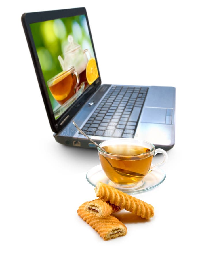 Isolated Image of Laptop, Tea and Cookies Closeup Stock Image - Image ...