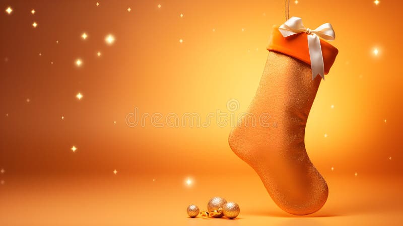 Isolated Light Orange Christmas Stocking in Front of a Festive ...