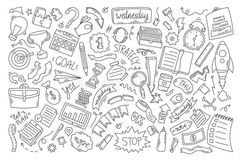 Isolated Line Black and White Doodle Elements. Set of Icons, Planning ...