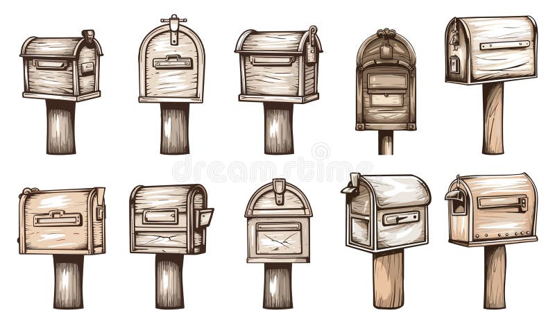 Isolated Mailboxes. Rustic Style Mailbox, Cartoon Sketch Elements Stock ...