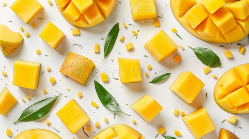 Isolated Mango Cubes and Fresh Leaves on a White Background Stock Photo - Image of natural ...