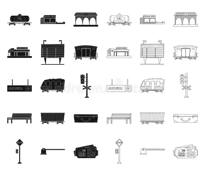 Isolated Object of Train and Station Symbol. Set of Train and Ticket ...
