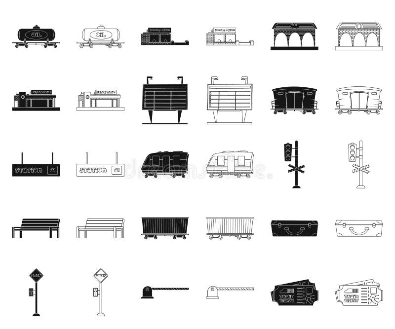 Isolated Object of Train and Station Symbol. Set of Train and Ticket ...