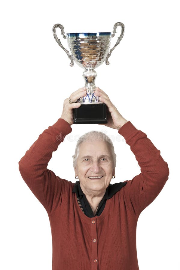 Elder Woman Raising Trophy Isolated on White Backg Stock Photo - Image ...