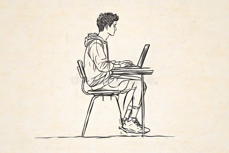 Continuous Line Drawing Man Working Desk Stock Photos - Free & Royalty ...