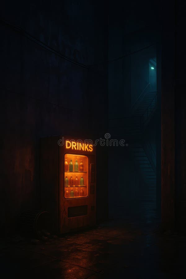 Isolated Orange Vending Machine Glowing in Dark Industrial Corridor at ...