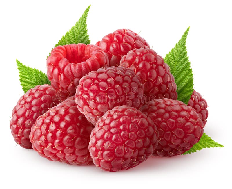 Isolated Pile of Berries. Group of Raspberry Fruits with Leaves ...