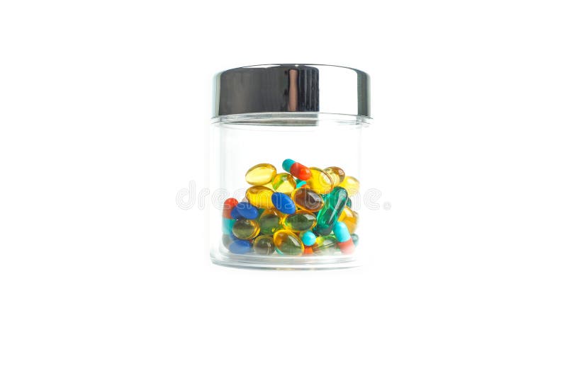 The Isolated Pills and Fish Oil Capsules in Clear Container Stock Photo ...