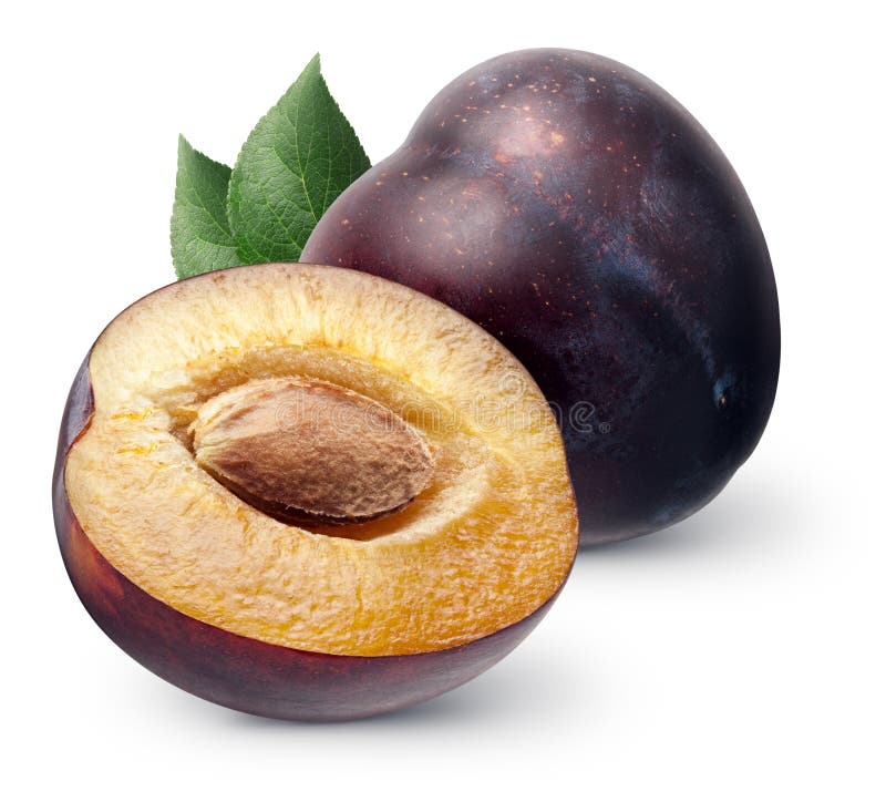 Isolated Plums. One Whole and a Half of Blue Plum Fruit with Leaves ...