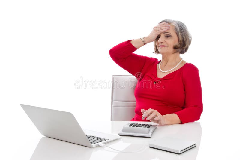 Isolated Portrait Of A Desperate Senior Female Business Woman Stock