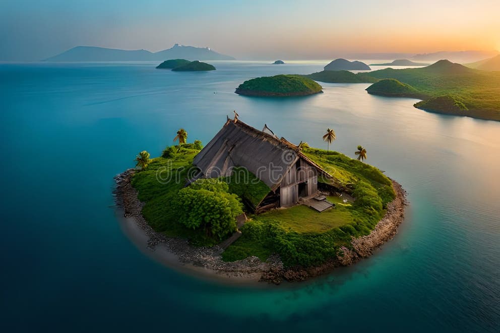 An Isolated Primitive House on Private Island Stock Illustration ...