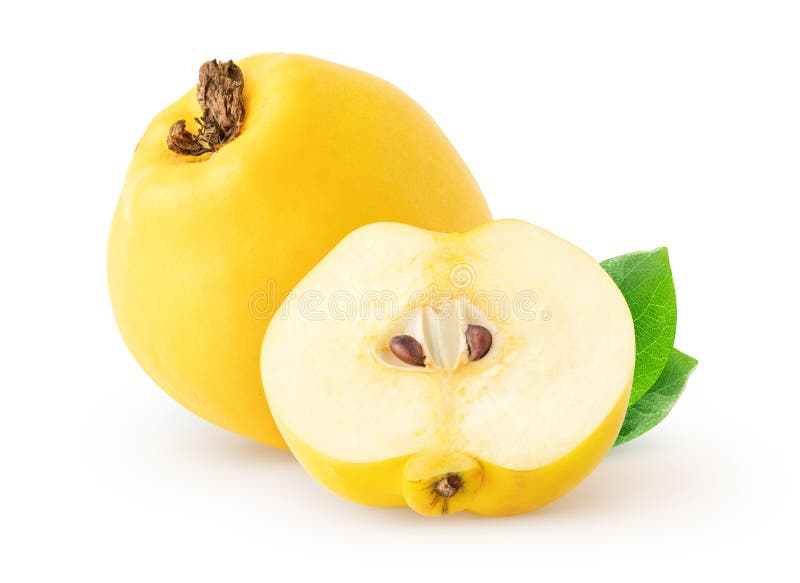 Isolated Quince. Whole Quince Fruit and a Half with Leaves Isolated on ...