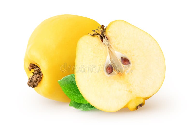 Isolated Quince. Whole Quince Fruit with Leaves and a Half Isolated on ...