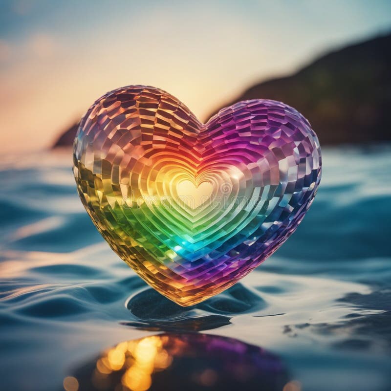 Isolated Rainbow Heart Above a Reflective Sea, AI Generated Image Stock ...