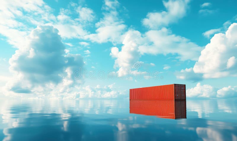 Isolated Red Shipping Container Floating on Calm Ocean Under Blue Sky ...
