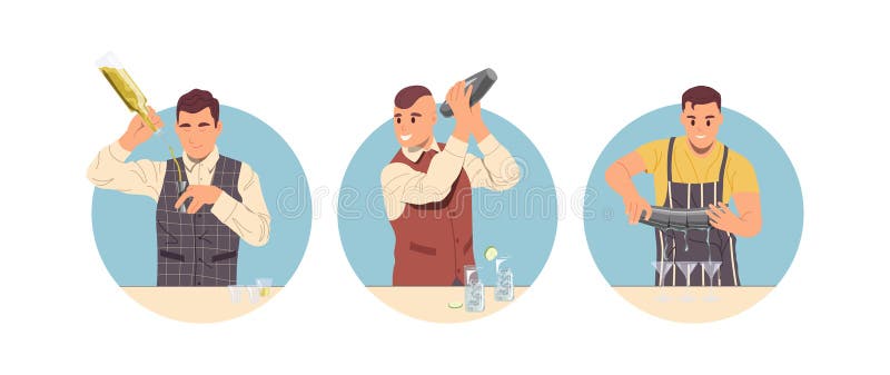 Isolated Round Composition Set with Friendly Smiling Bartender ...
