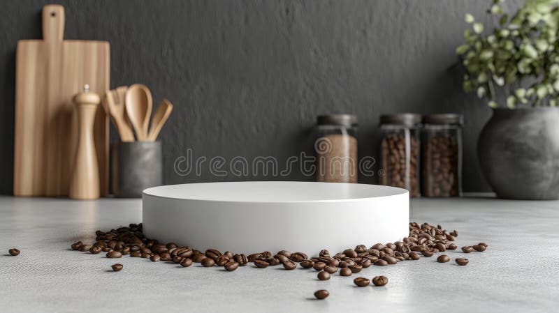 Isolated, Round, White Podium Surrounded by Coffee Beans on Concrete ...