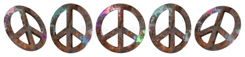 Isolated Rusty Metal Peace Symbol in Different Angles. 3D Rendering ...