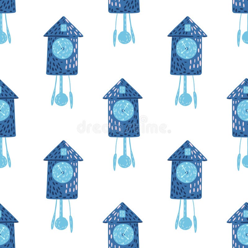 Isolated Seamless Pattern with Bright Blue Cuckoo Clock Print. White ...