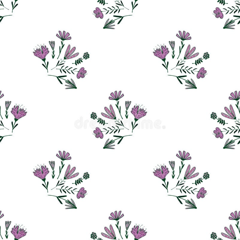 Isolated Seamless Pattern with Pink Outline Flower Elements. White ...