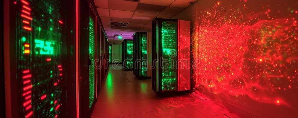Isolated Server Room with Rows of Glowing Racks Creating a Vibrant ...