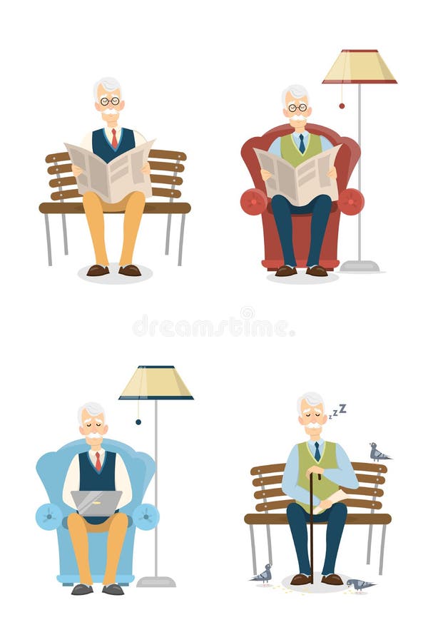 Cartoon Old Man At Home,grandfather Read Book Stock Vector ...