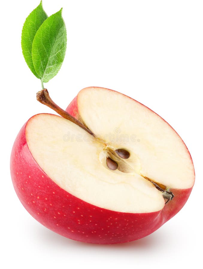 Isolated Sliced Apple. Half of Red, Pink Apple Fruit with Leaves ...