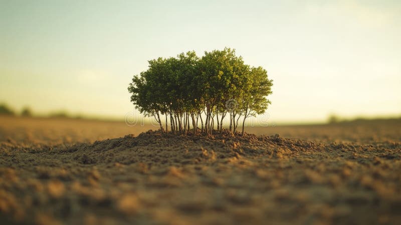 Isolated Small Tree Growing in Barren Field Under Soft Sunlight Stock ...
