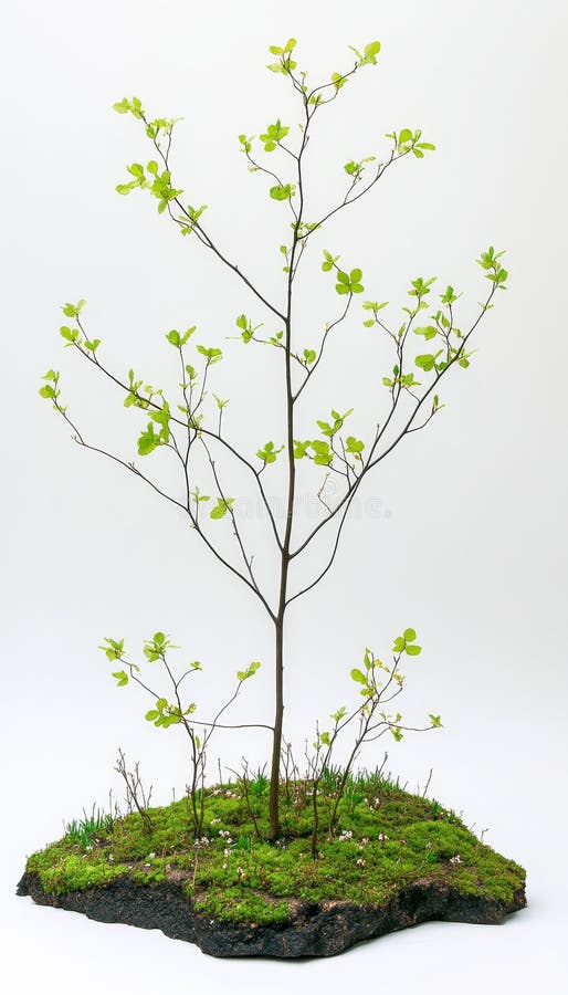 Isolated Small Young Green Tree on Mossy Ground, White Background ...