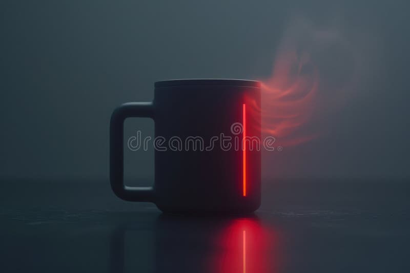 A Futuristic Coffee Mug Emitting Steam in a Dimly Lit Space Stock ...