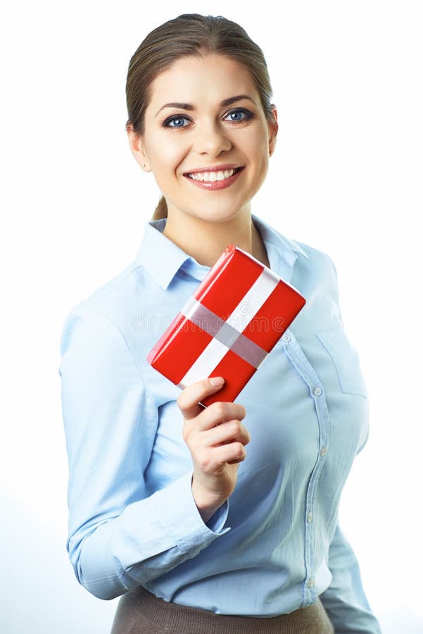 Isolated Smiling Business Woman Hold Gift Box. White Background Stock ... Isolated Smiling Business Woman Hold Gift Box. White Background Stock ...