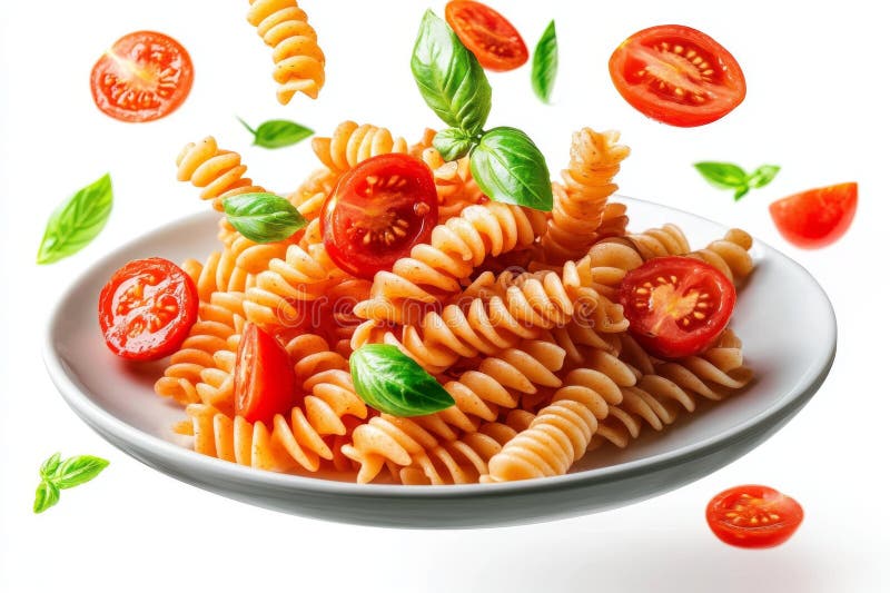 Isolated Spaghetti Pasta Meal with Falling Pasta, Peppers, and Tomato ...