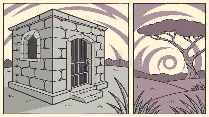 Isolated Stone Structure with Barred Door in Desolate Scene, Vector ...