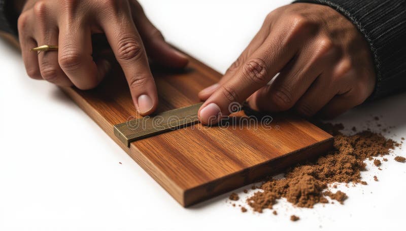 Isolated Studio Crafting Precision Measuring Mahogany Board with Tools ...