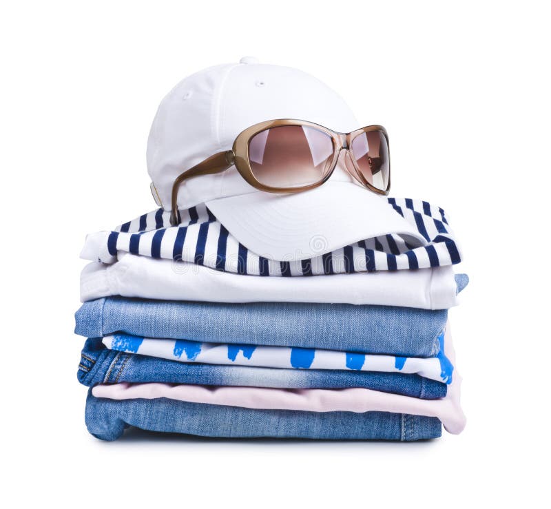 Isolated Summer Clothes Pile with Cap and Sunglasses on Top Stock Photo ...