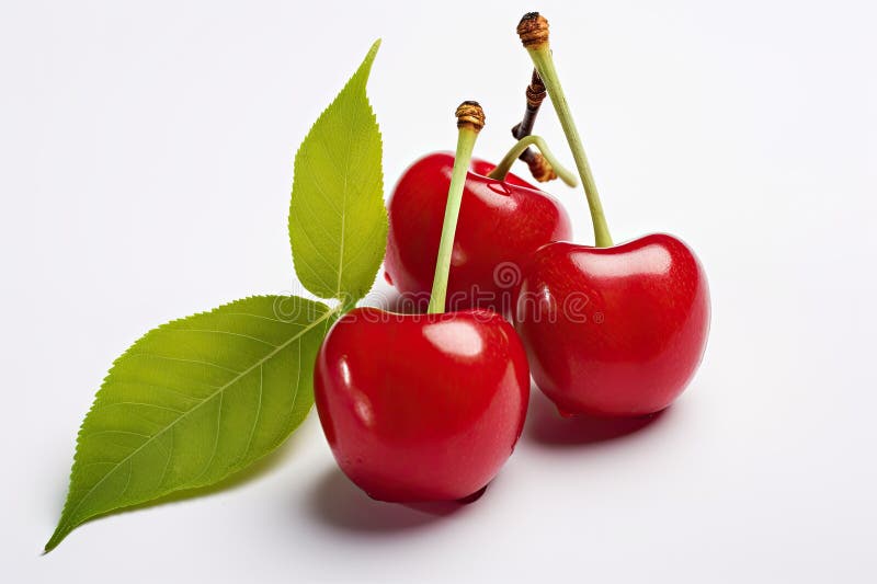 Isolated Ripe Sweet Cherries with Leaves on a White Background. Stock ...