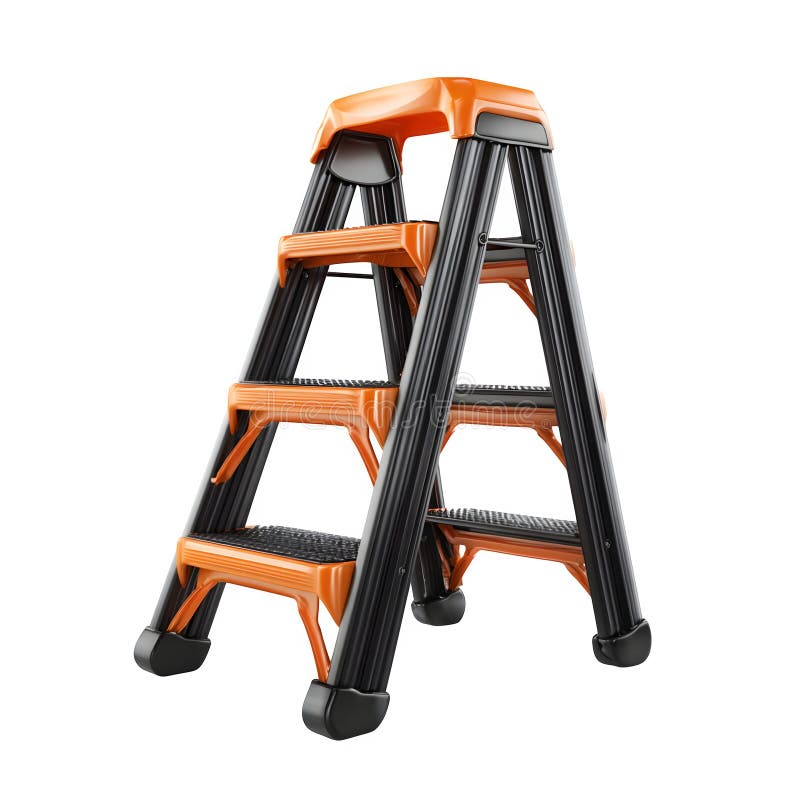 Isolated Three Step Ladder with Black Frame and Orange Steps on a White ...