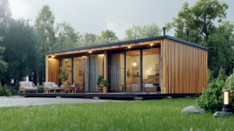 Isolated Tiny Wooden Container House with Modern Architecture. Stock ...
