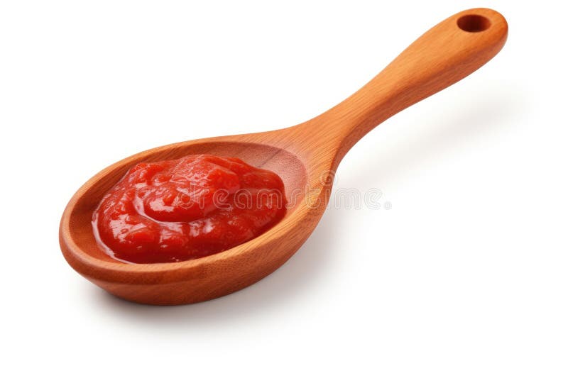 Tomato Paste on a Wooden Spoon Isolated on White Background. Side View ...